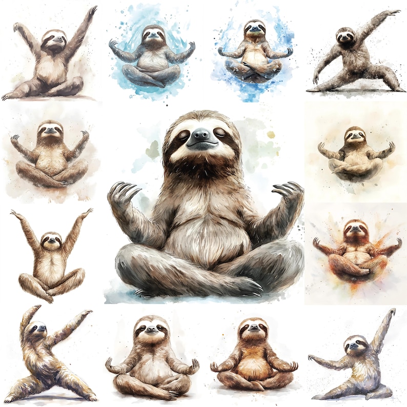 14 Relaxing Yoga Sloths Clipart – Funny Zen Sloth Illustrations ...