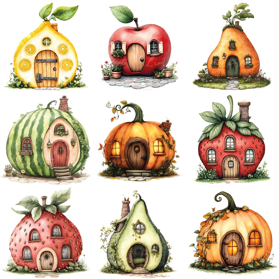 26 Whimsical Fruit & Vegetable House Cliparts – Watercolor Fantasy ...