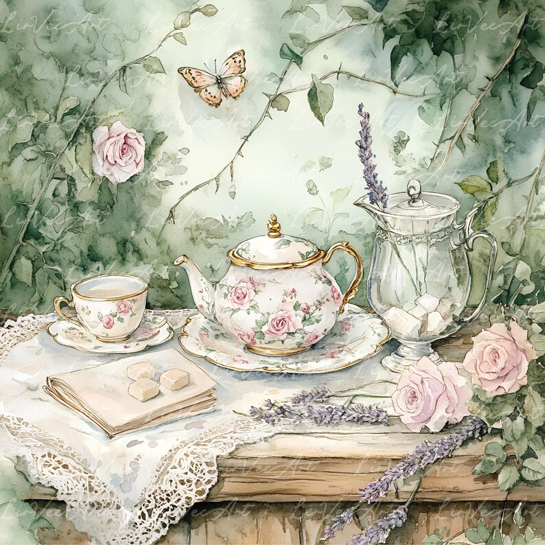 Shabby Chic Tea Set Clipart - 20 Watercolor Vintage Illustrations ...