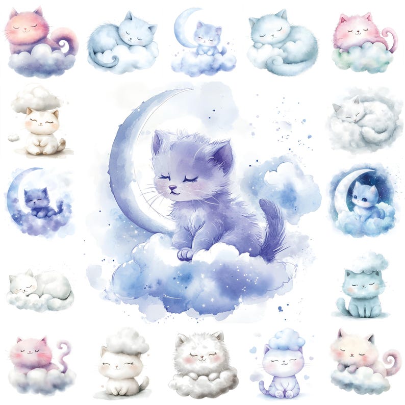 24 Cloud Cats Clipart, Watercolor Cute Kittens Made of Clouds and Moon ...