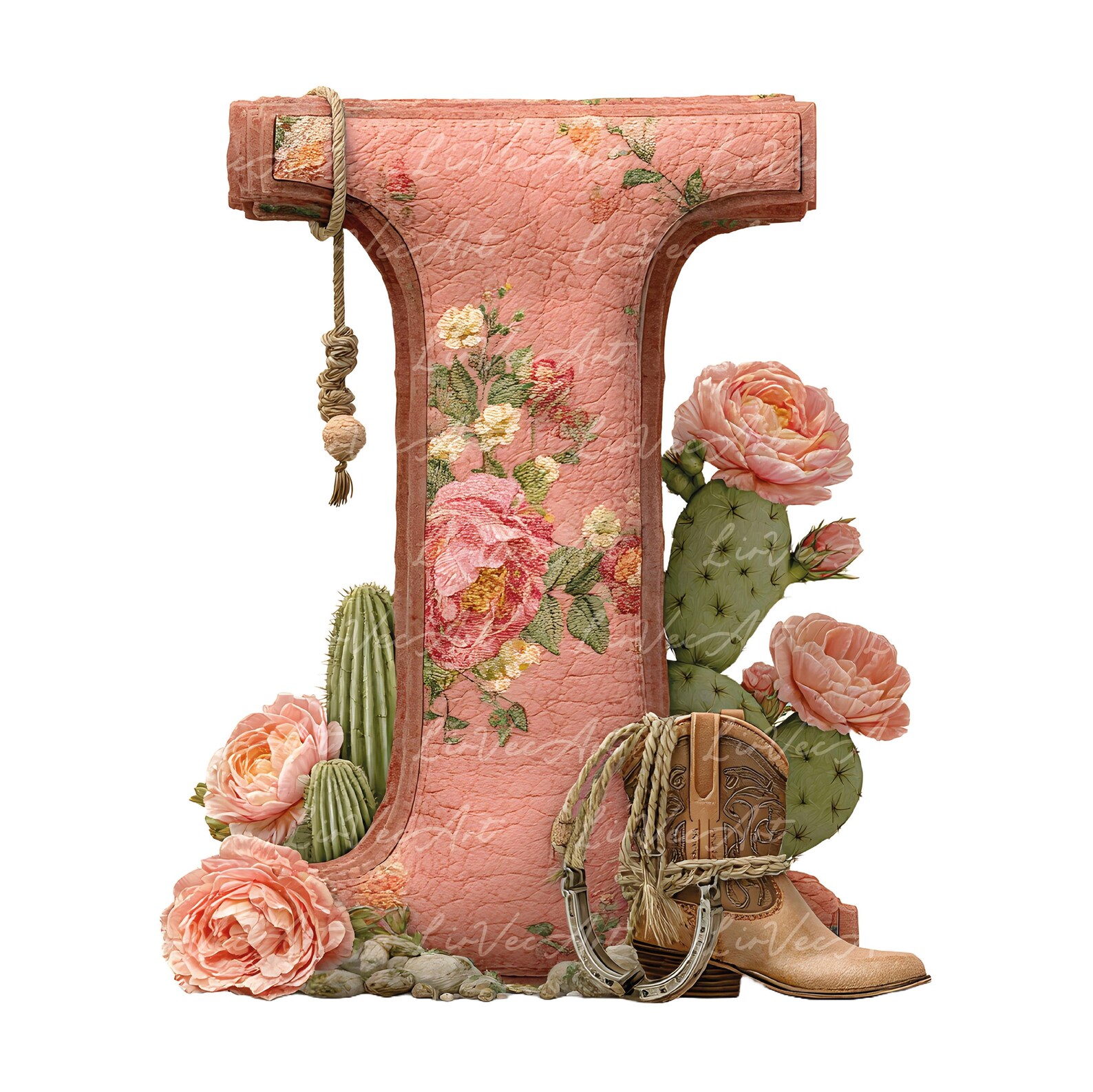 Cowgirl Western Floral Alphabet Clipart, Pink Tooled Leather Letters A ...