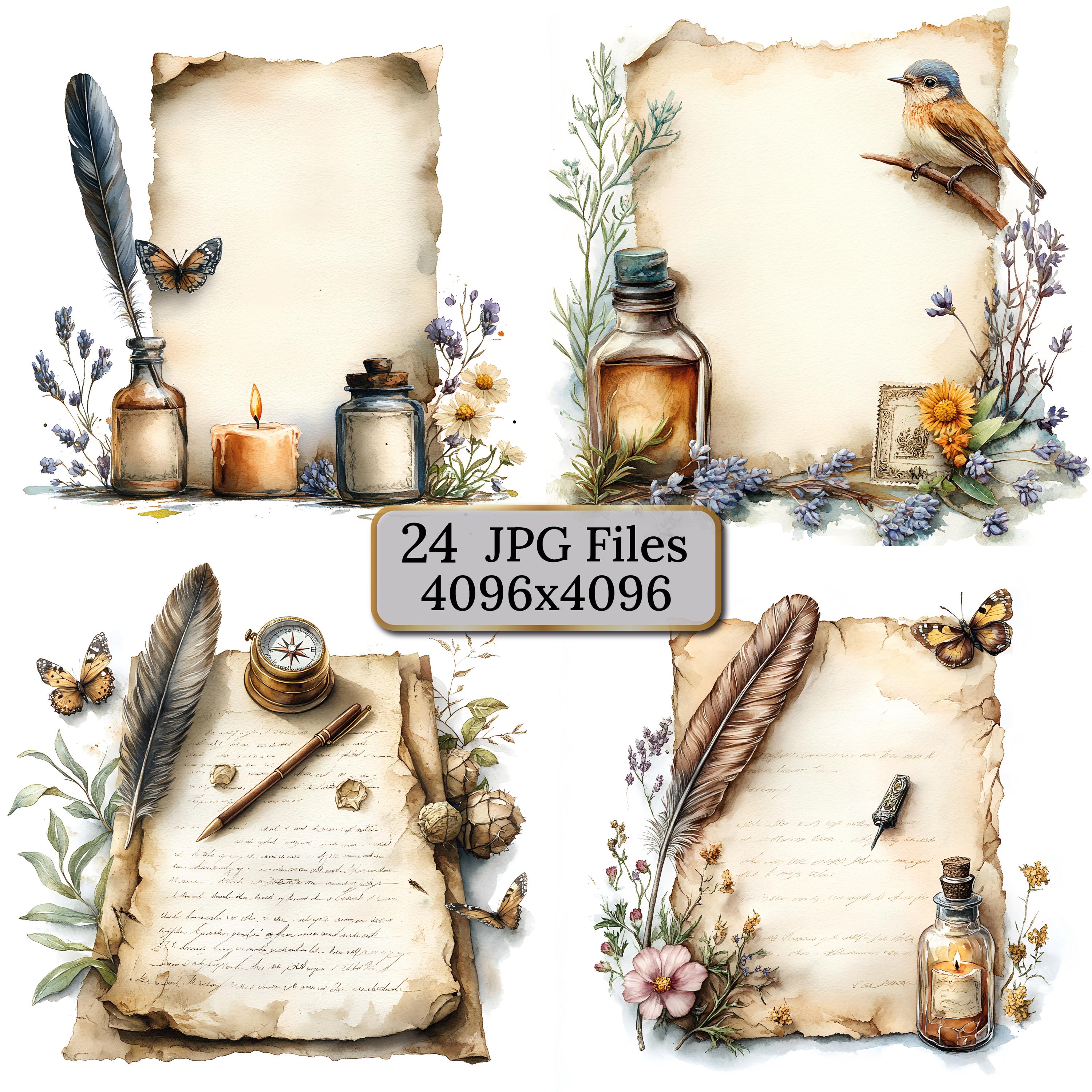 Vintage Writing Clipart Set – 24 Watercolor Illustrations of Aged Paper ...