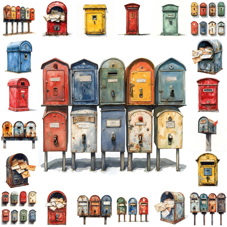 Vintage Watercolor Mailbox Clipart – 50 Rusty Old Post Boxes, Mail ...