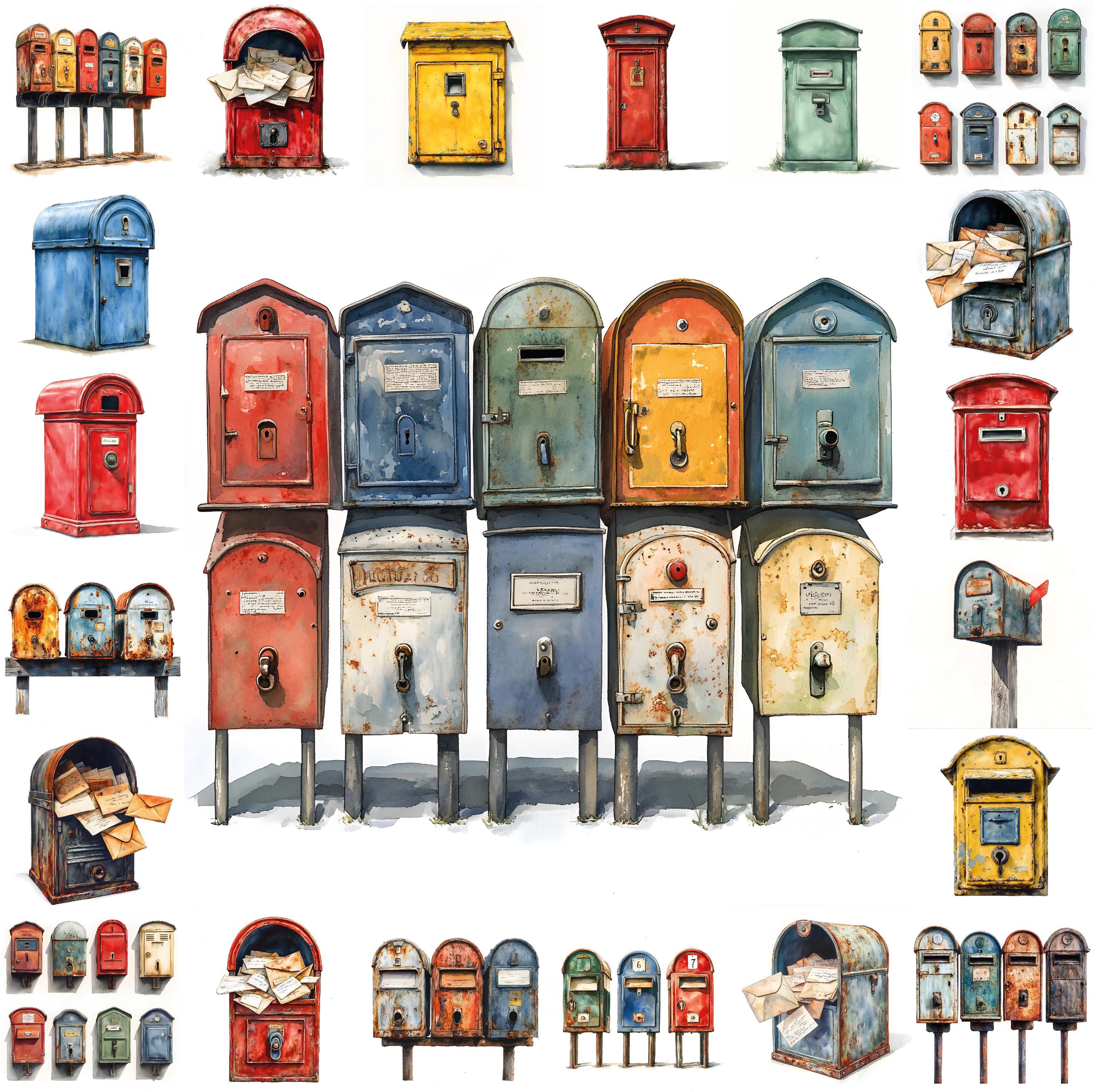 Vintage Watercolor Mailbox Clipart – 50 Rusty Old Post Boxes, Mail ...