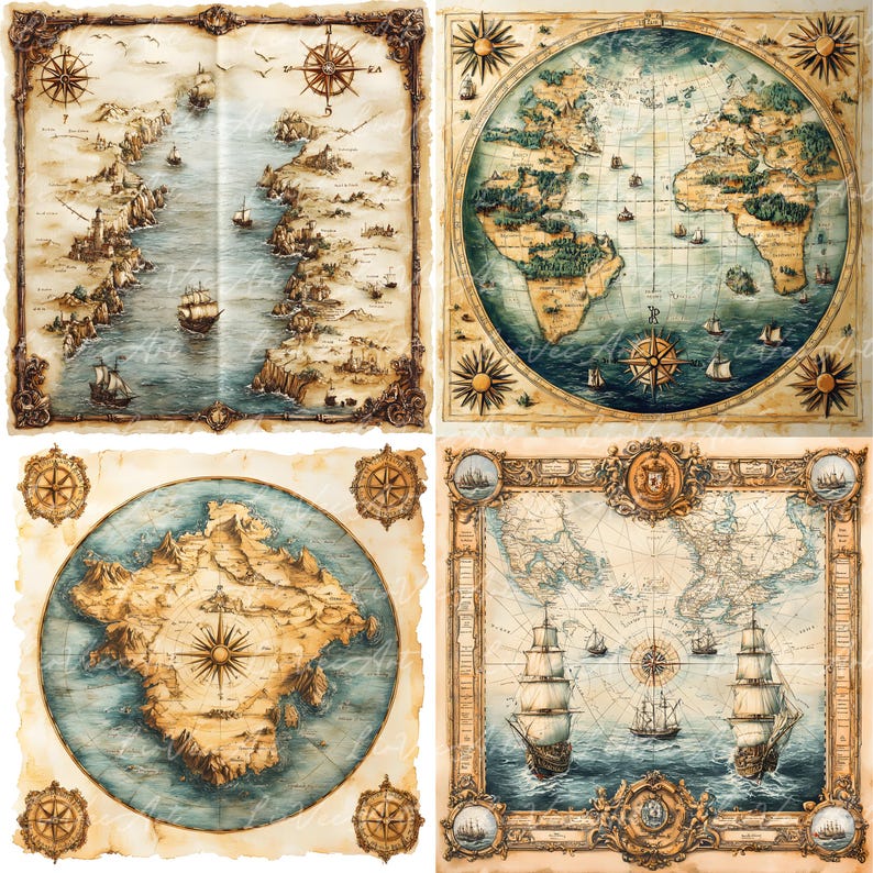 30 Vintage Nautical Explorer Maps Clipart – Old World Sea Charts ...