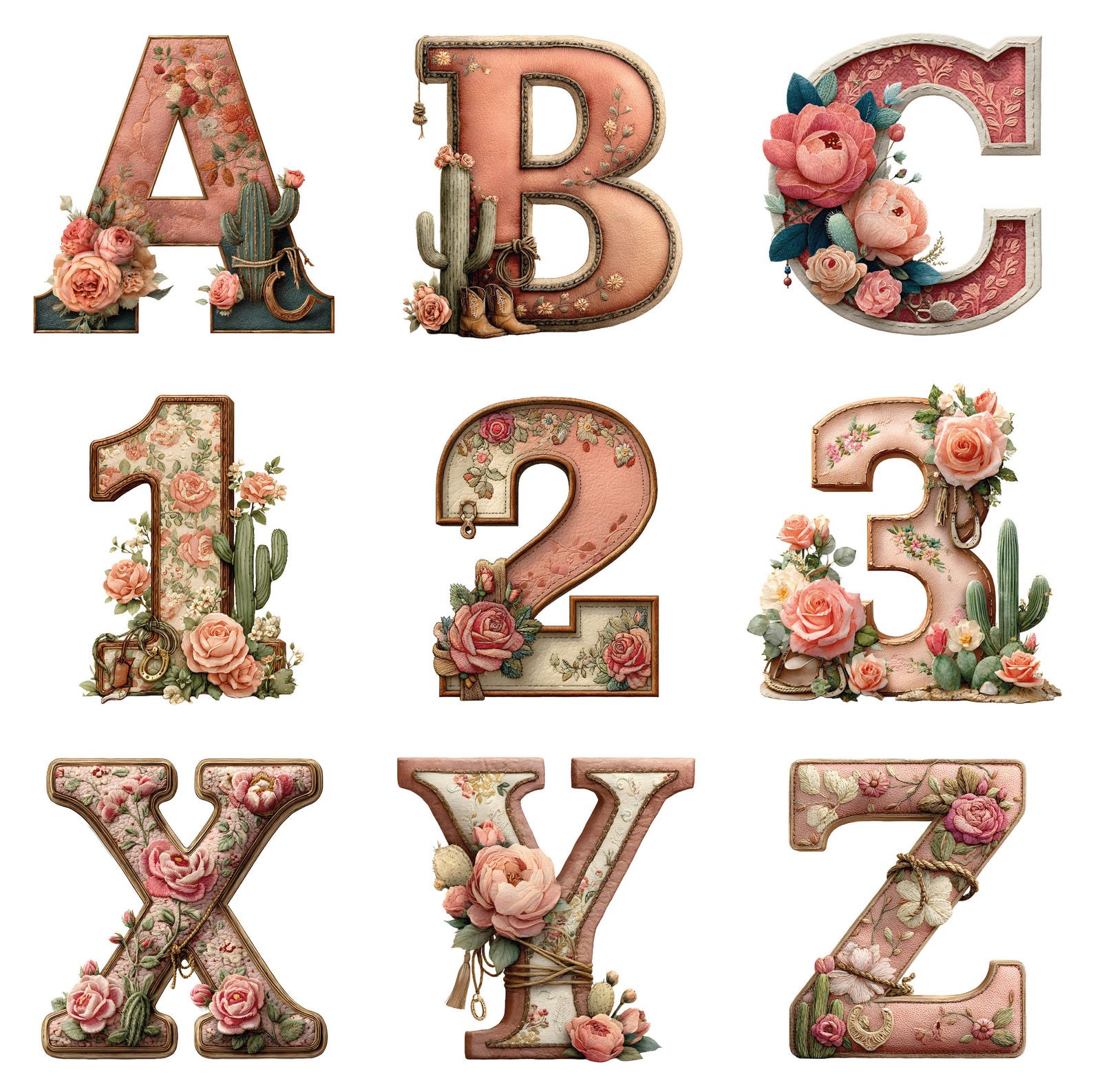 Cowgirl Western Floral Alphabet Clipart, Pink Tooled Leather Letters A ...