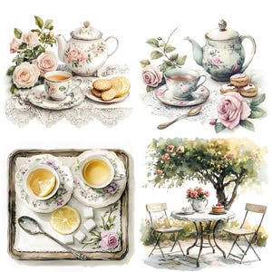 Shabby Chic Tea Clipart Set, 26 Watercolor Illustrations of Vintage Tea ...