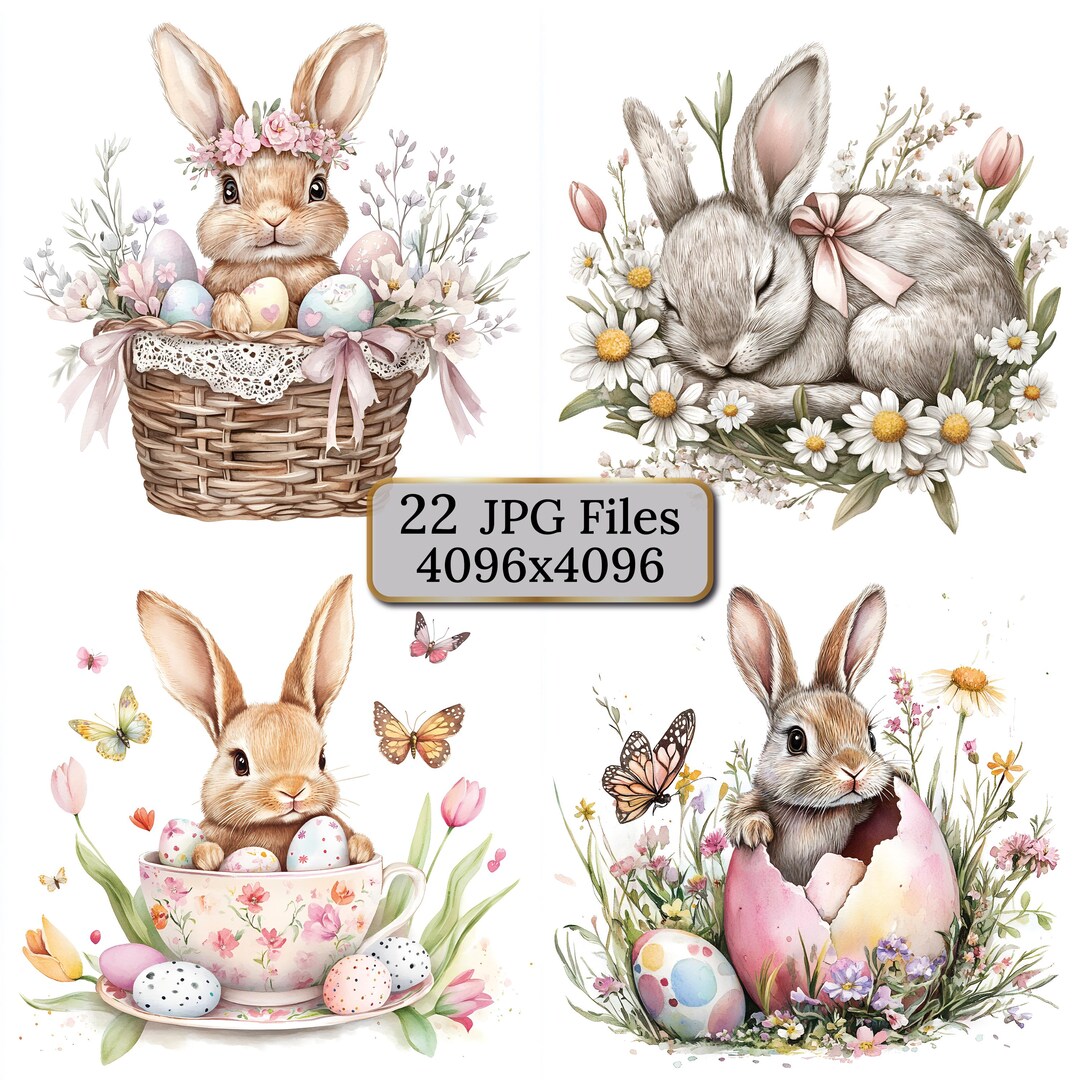 22 Watercolor Easter Bunny Clipart Set, Cute Rabbit Illustrations With ...
