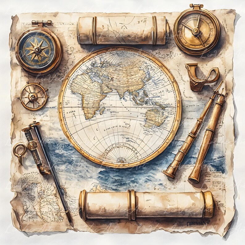 30 Vintage Nautical Explorer Maps Clipart – Old World Sea Charts ...