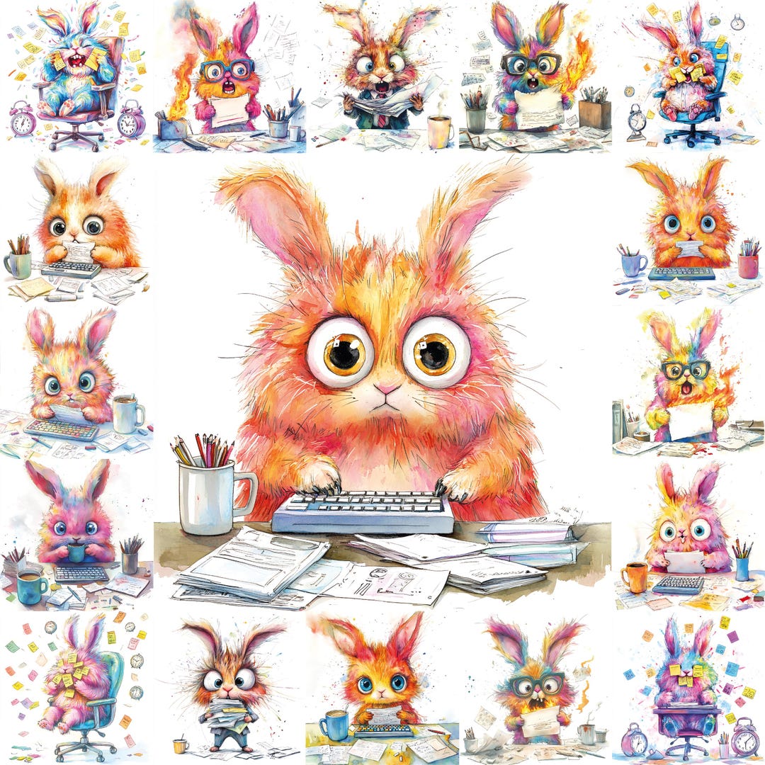 Whimsical Office Bunnies Clipart | 18 Funny Watercolor Workaholic ...