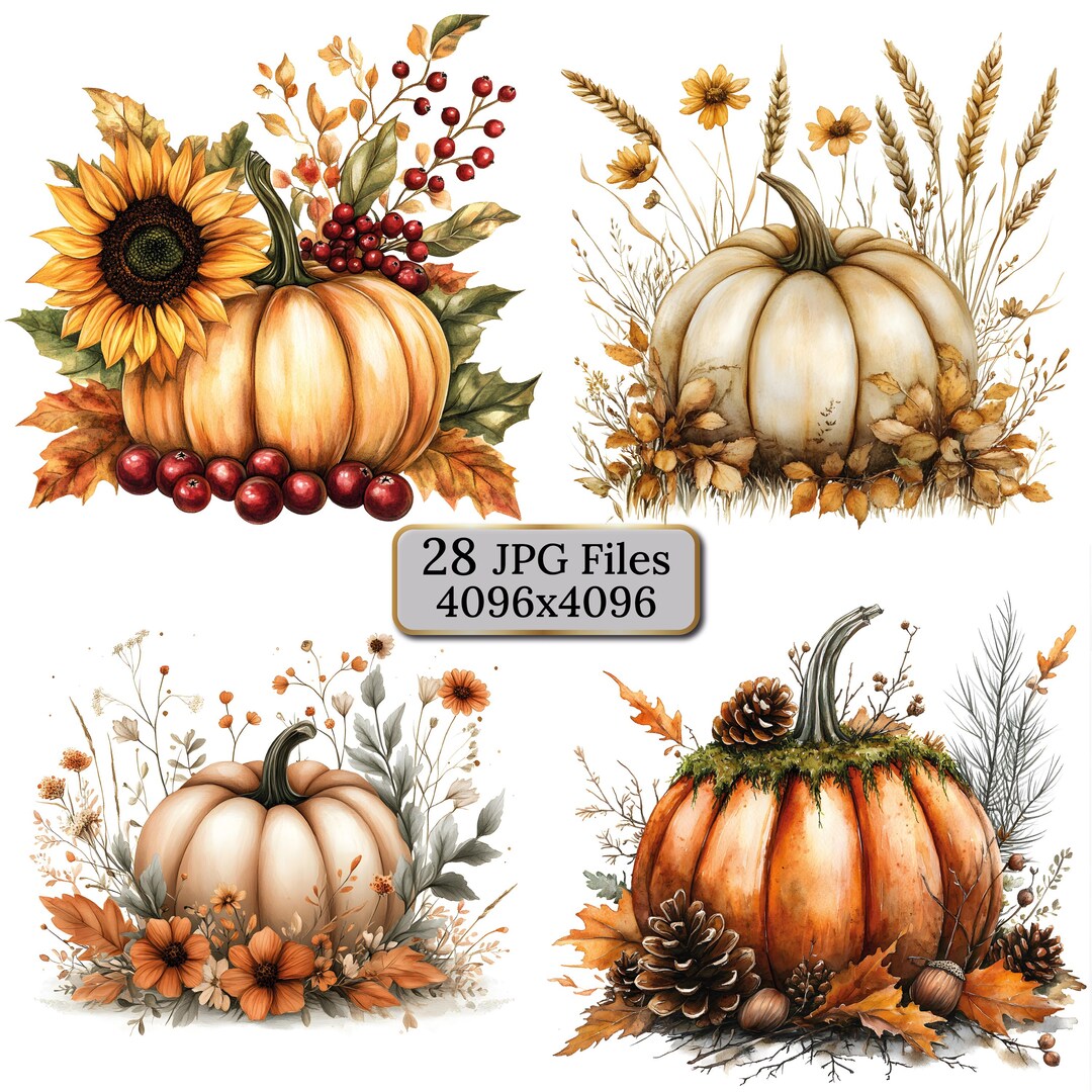 Cozy Fall Clipart Bundle – 28 Watercolor Pumpkins With Flowers, Leaves ...