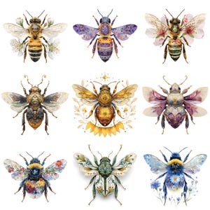 Bee & Bumblebee Clipart – 40 Watercolor Insects With Floral Patterns ...