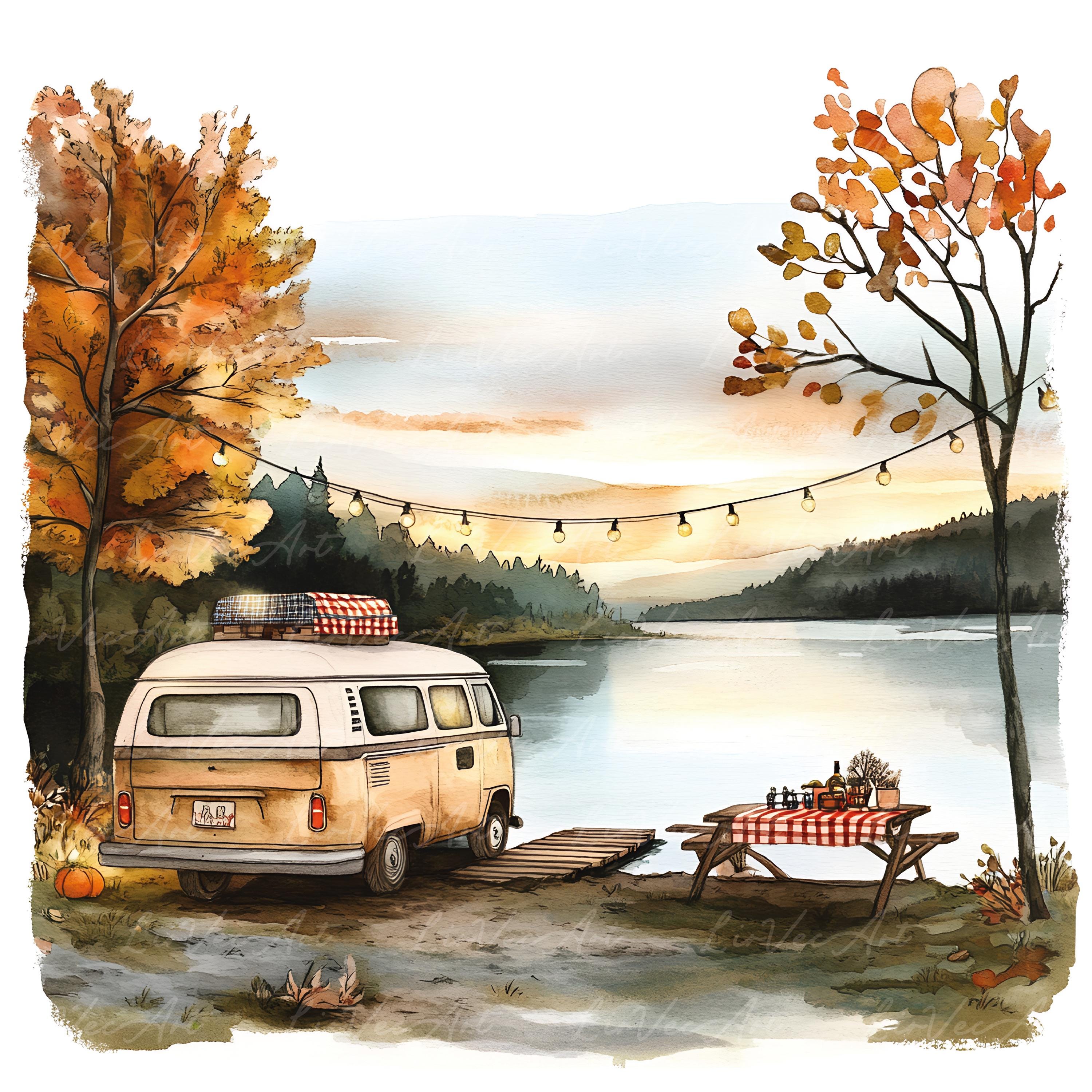 25 Watercolor Camper Van Clipart – Cozy Outdoor Landscapes & Seasonal ...