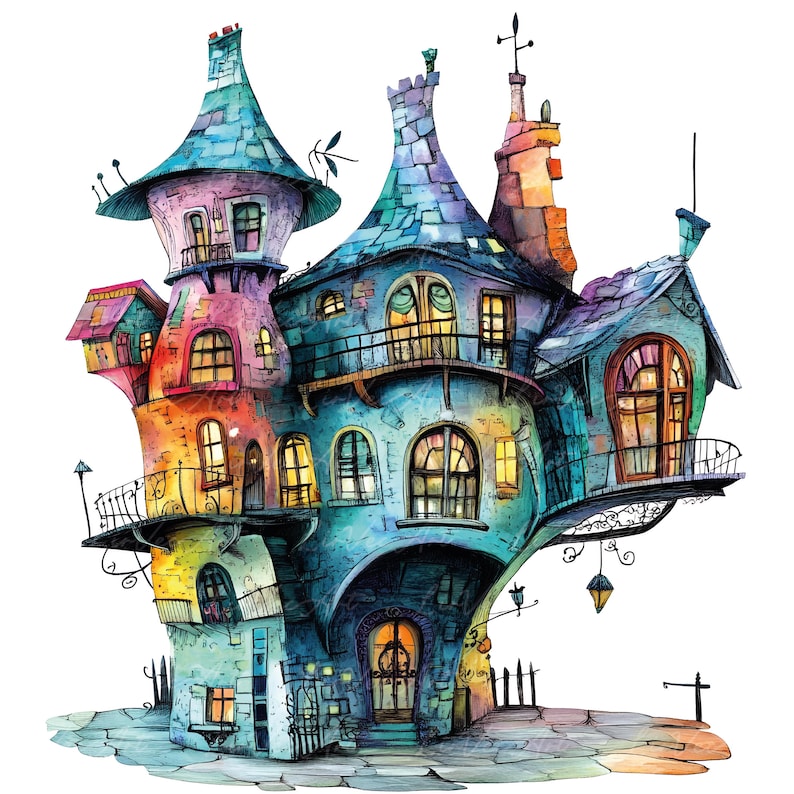 Whimsical Fantasy Houses Clipart – 28 Colorful Cartoon Buildings With ...
