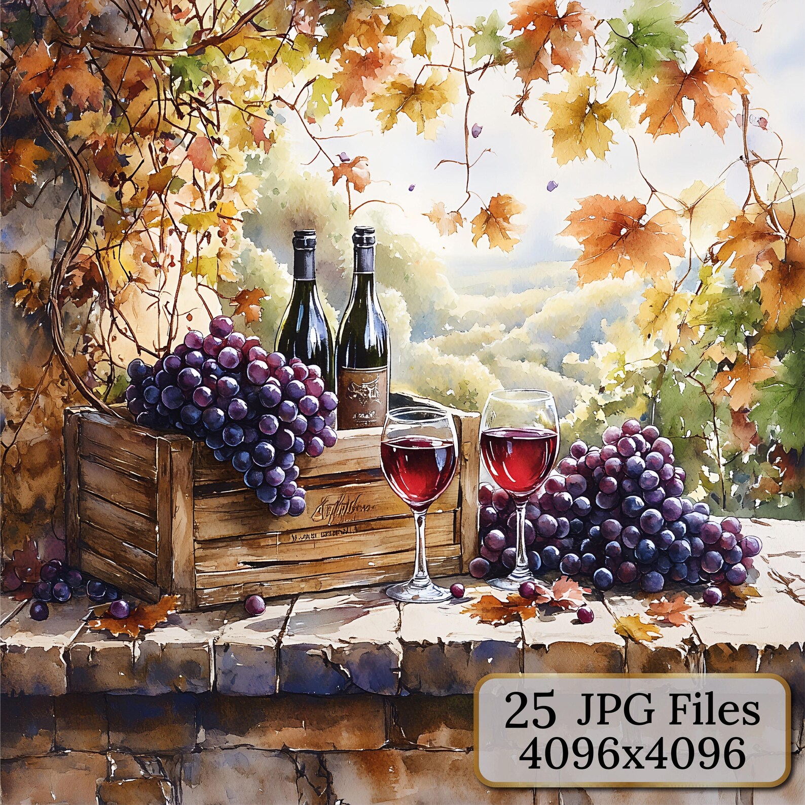 Watercolor Wine and Grapes Clipart, 25 Rustic Vineyard Illustrations ...