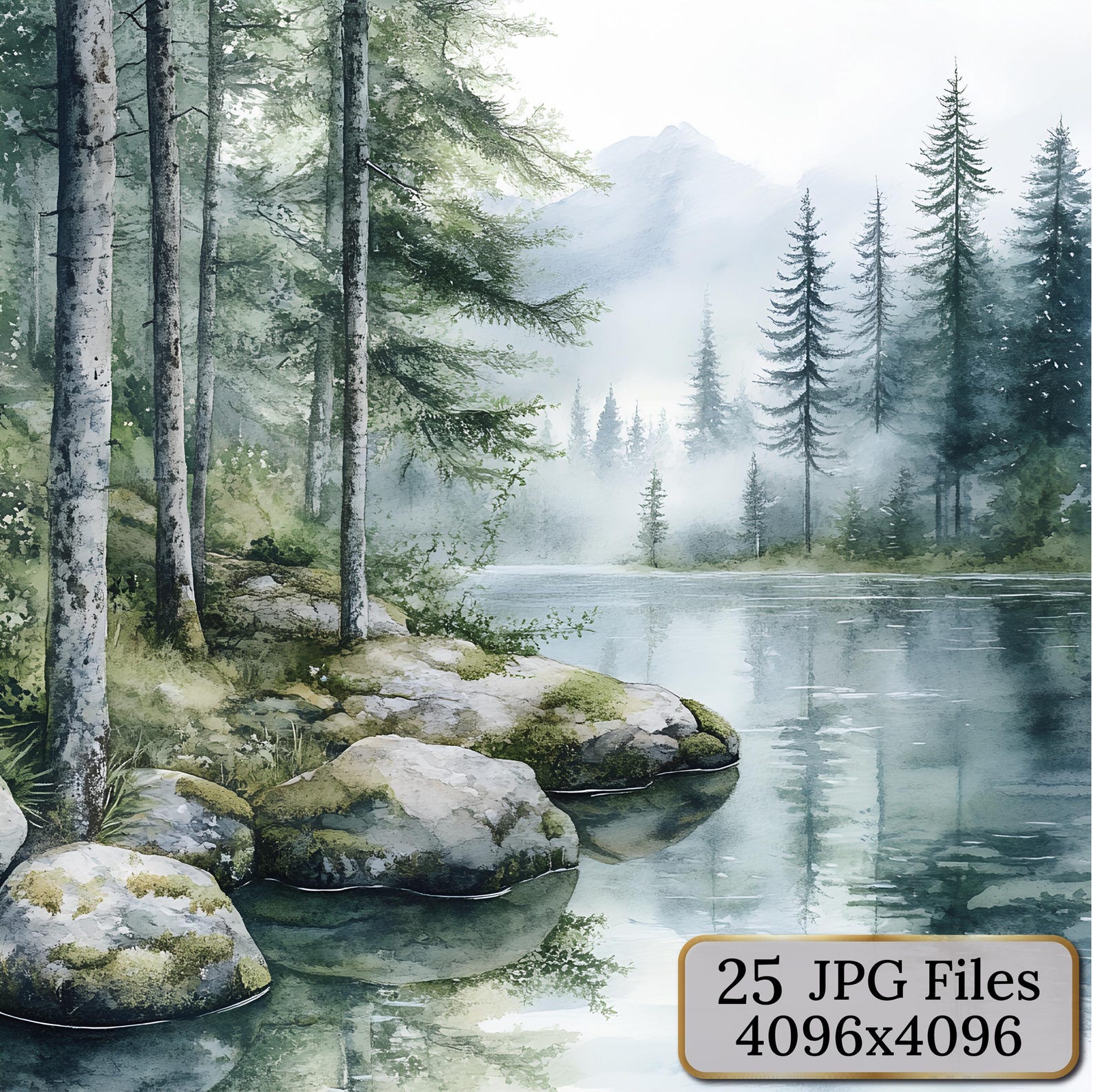 Watercolor Forest Lake Clipart – 25 Misty Pine Tree Landscape ...