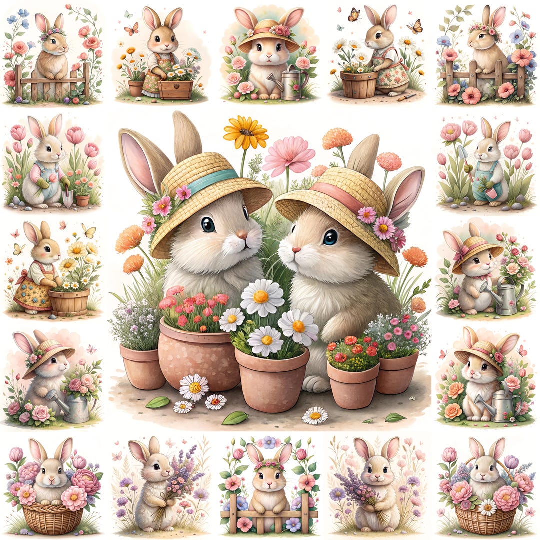 Watercolor Bunny Gardeners Clipart Set, 22 Cute Floral Rabbits, Spring ...