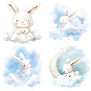 25 Cloud Bunny Clipart, Watercolor Cute Rabbits Made of Clouds and Moon ...