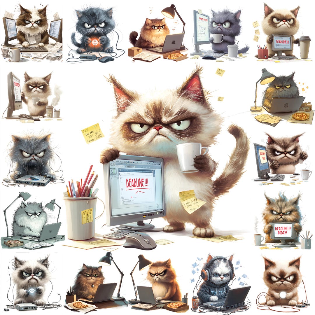 18 Grumpy IT Cat Clipart Set - Funny Programmer and Sysadmin Digital ...