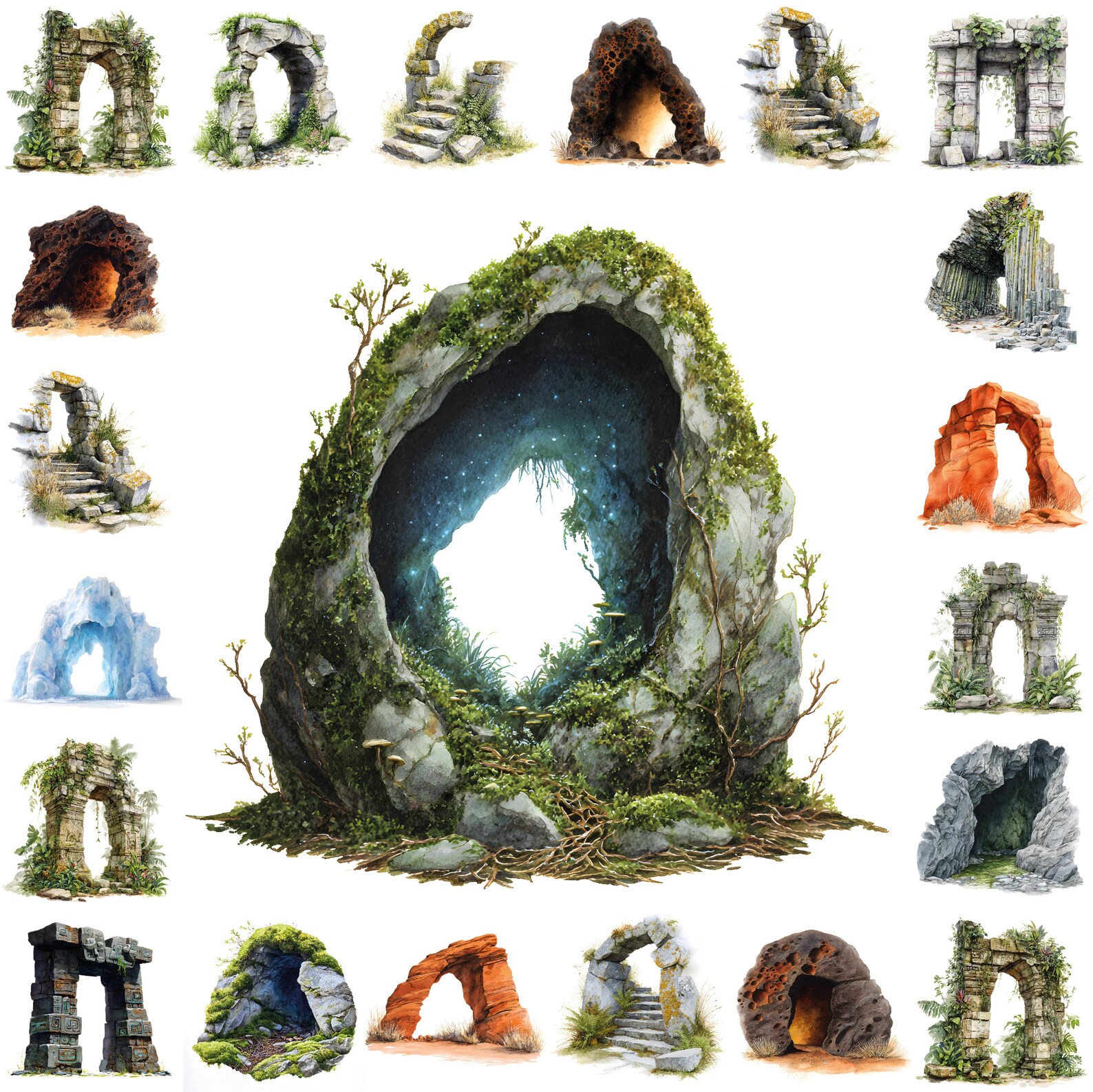 Ancient Stone Arches, Caves Watercolor Clipart, Fantasy Rock Portals ...