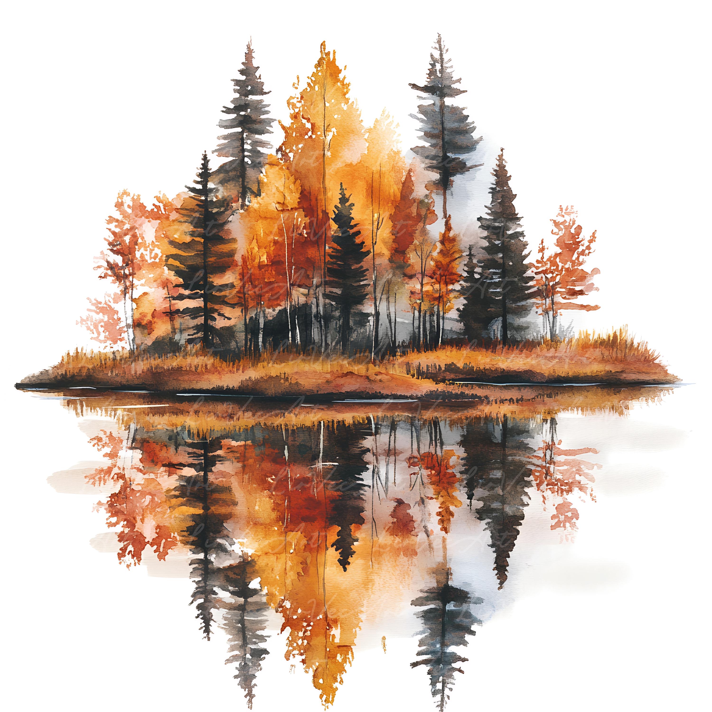 Watercolor Forest Lake Clipart – 25 Misty Pine Tree Landscape ...
