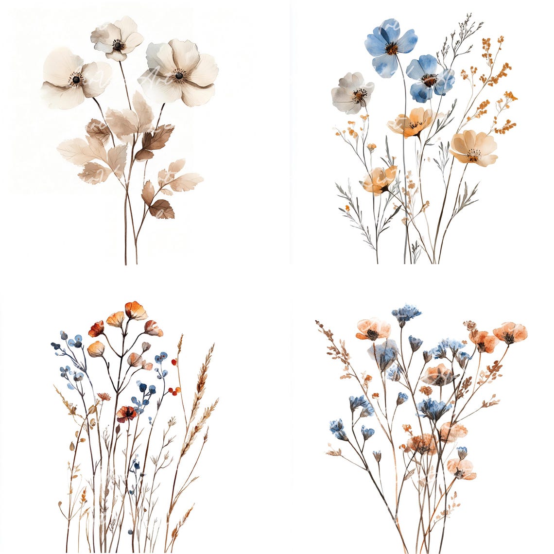 32 Abstract Flowers Clipart, Dried Flowers, Printable Watercolor ...