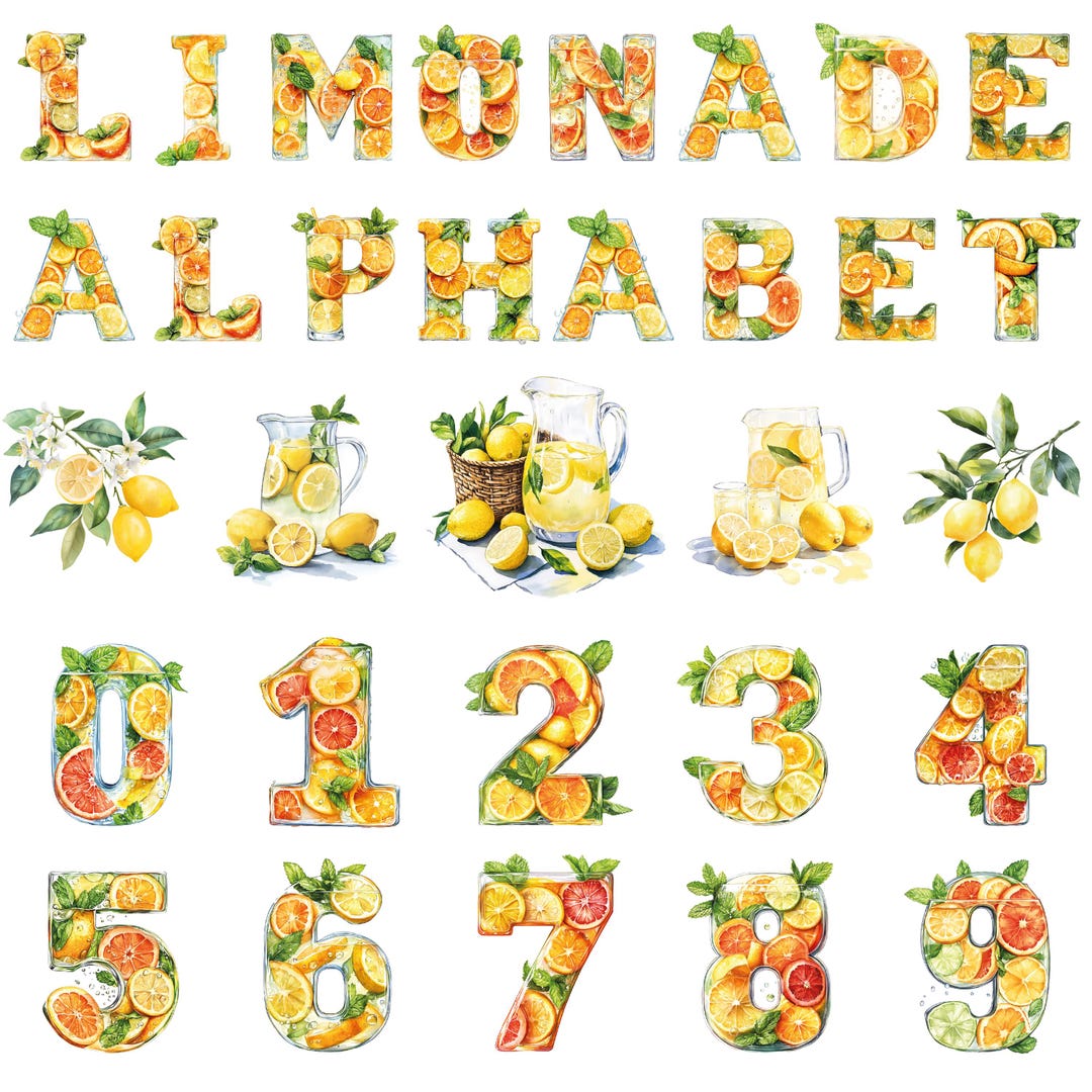 Lemonade Alphabet Clipart – Citrus Letters & Numbers, Watercolor Font ...