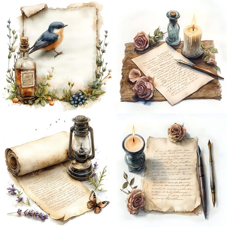 Vintage Writing Clipart Set – 24 Watercolor Illustrations of Aged Paper ...