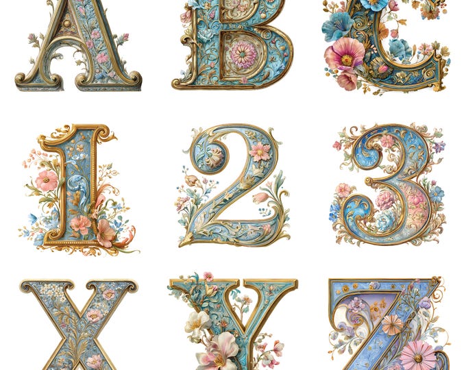 36 Floral Vintage Alphabet & Numbers Clipart – Ornate Decorative ...