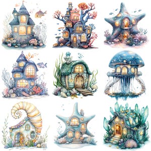 Underwater Fantasy Houses Clipart – 28 JPG Ocean Homes: Coral, Shell ...