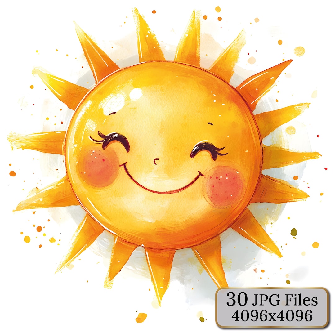 Cute Watercolor Sun Clipart Bundle, 30 Smiling Sun Illustrations With ...