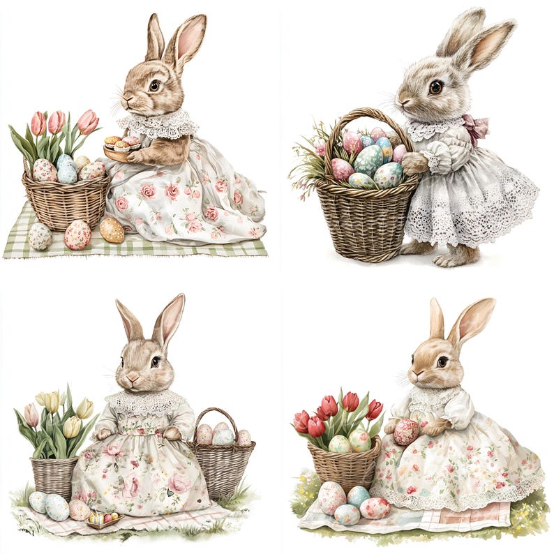 25 Vintage Easter Bunny Clipart Set, Adorable Watercolor Illustrations ...