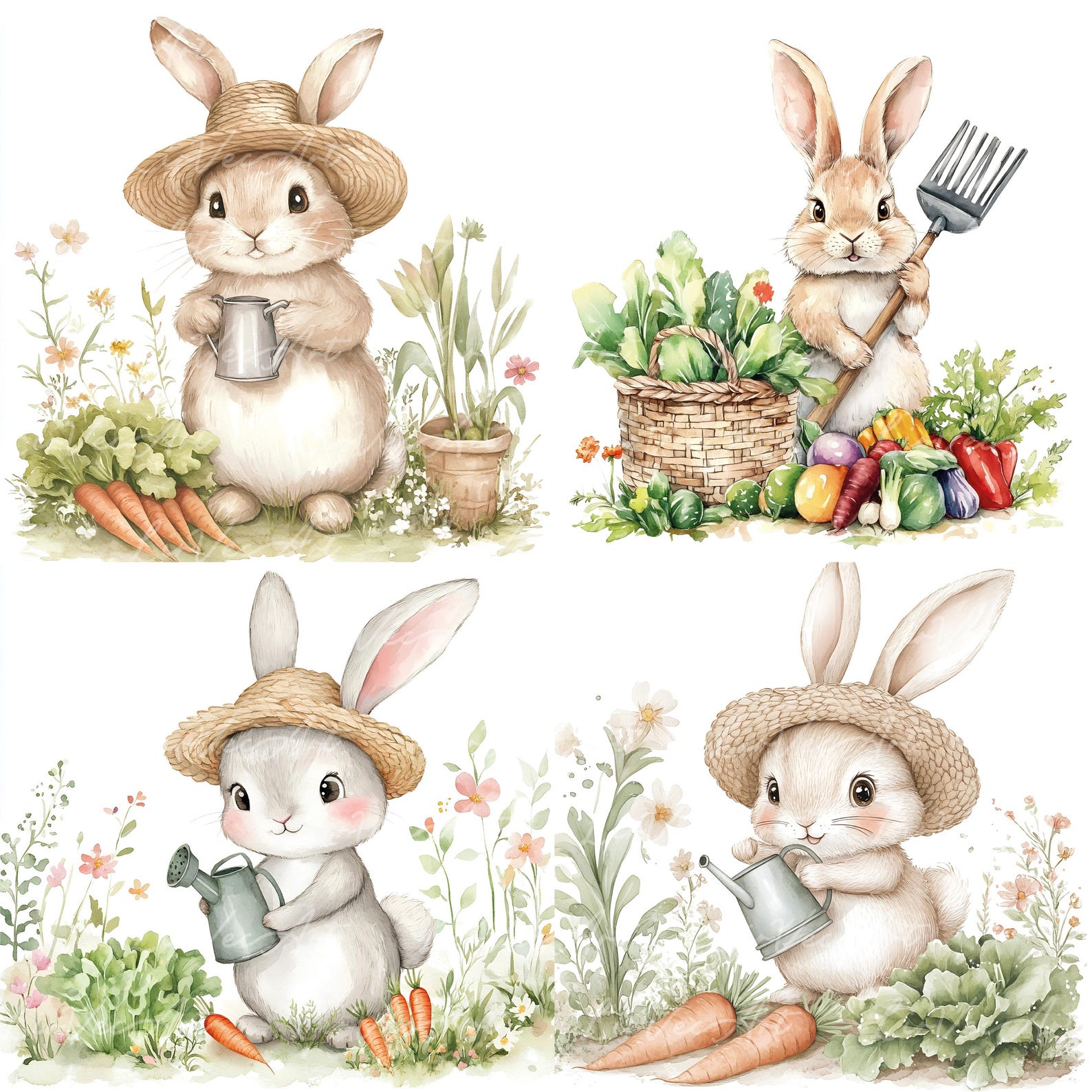 18 Watercolor Gardening Bunnies Clipart - Adorable Spring Rabbits for ...