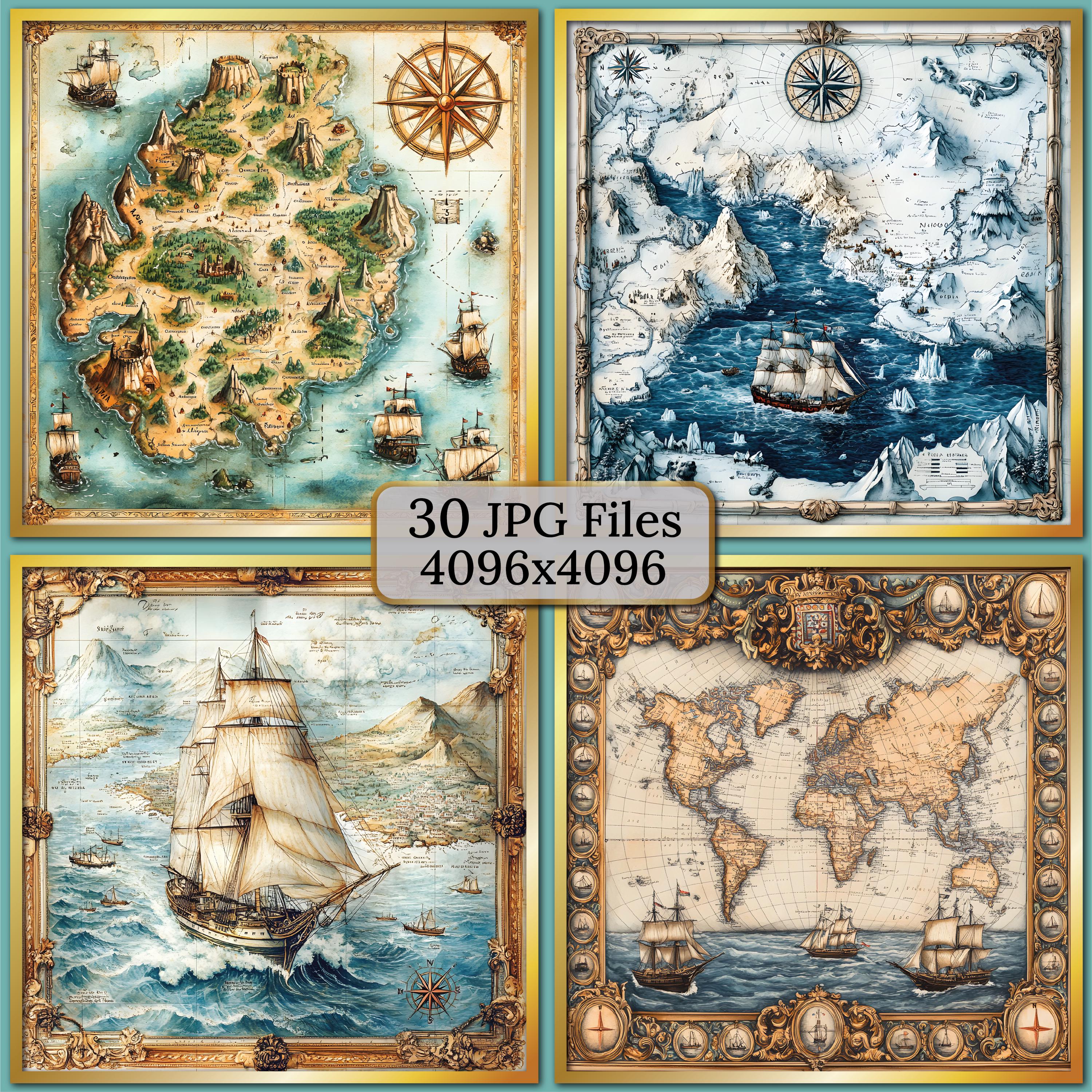 30 Vintage Nautical Explorer Maps Clipart – Old World Sea Charts ...