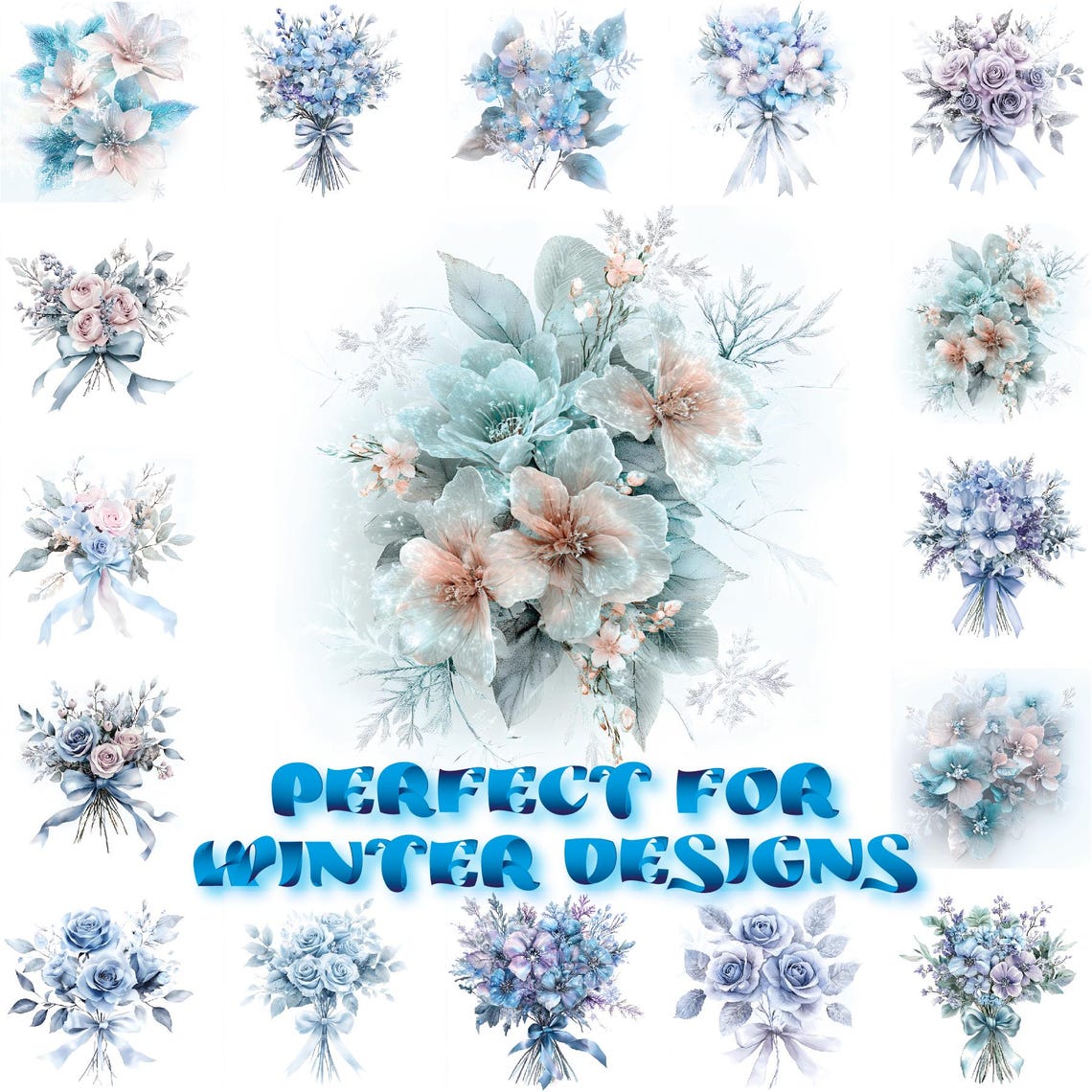 18 Ice Flower Bouquet Clipart Bundle - Watercolor Winter Floral ...