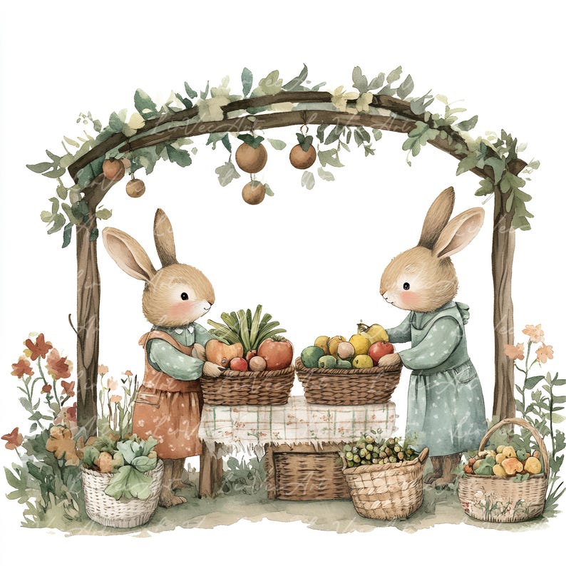 16 Rustic Bunny Farmers Market Clipart, Adorable Watercolor Rabbit Art ...