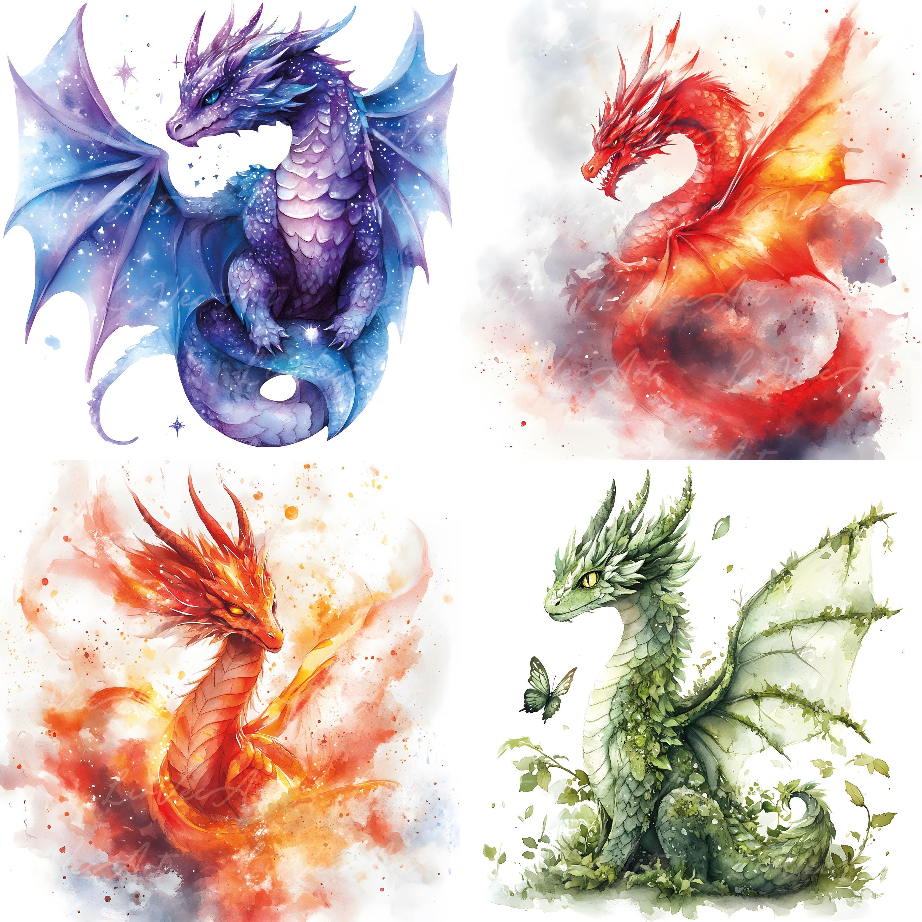 Watercolor Dragons Clipart Set – 21 Fantasy Dragon Illustrations ...