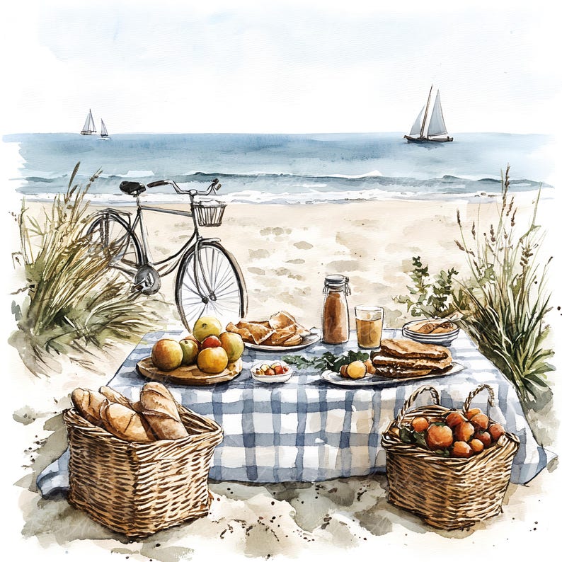 Shabby Chic Beach Picnic Clipart Set – 20 Watercolor Illustrations of ...