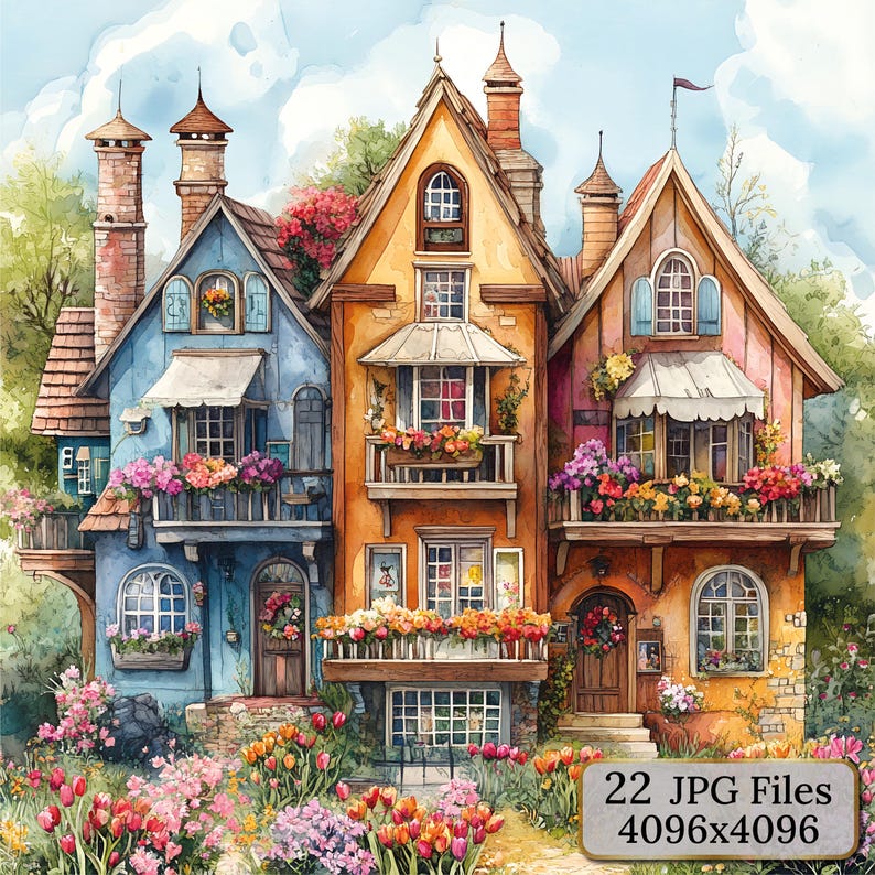 Watercolor Whimsical Cottage Houses Clipart – Fairytale Floral Homes ...