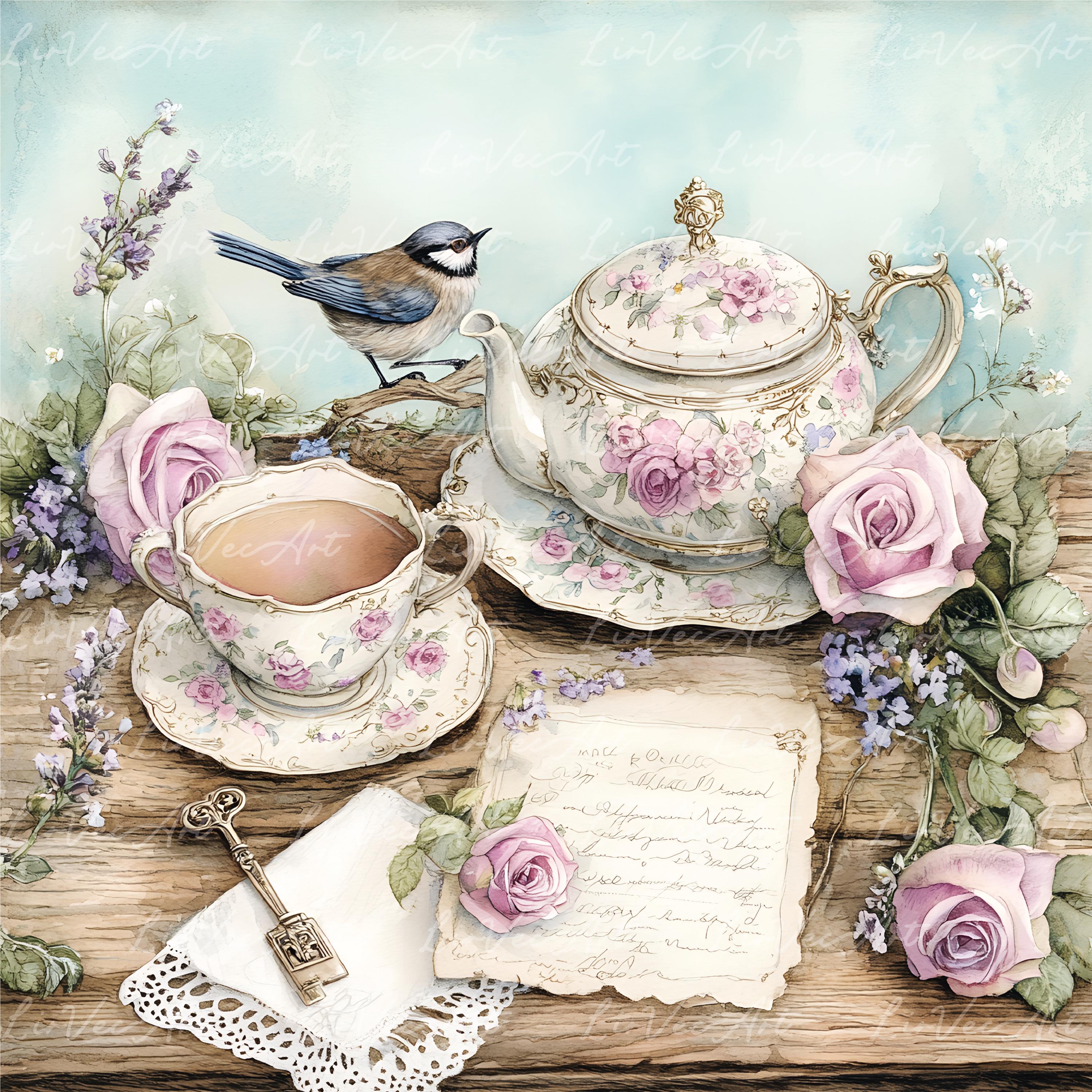 Shabby Chic Tea Set Clipart - 20 Watercolor Vintage Illustrations ...