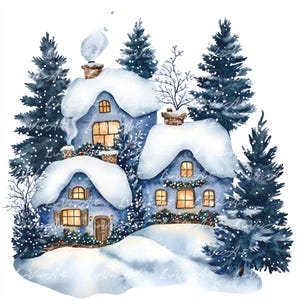 10 Watercolor Christmas Village Clipart Set, Christmas Card Art ...