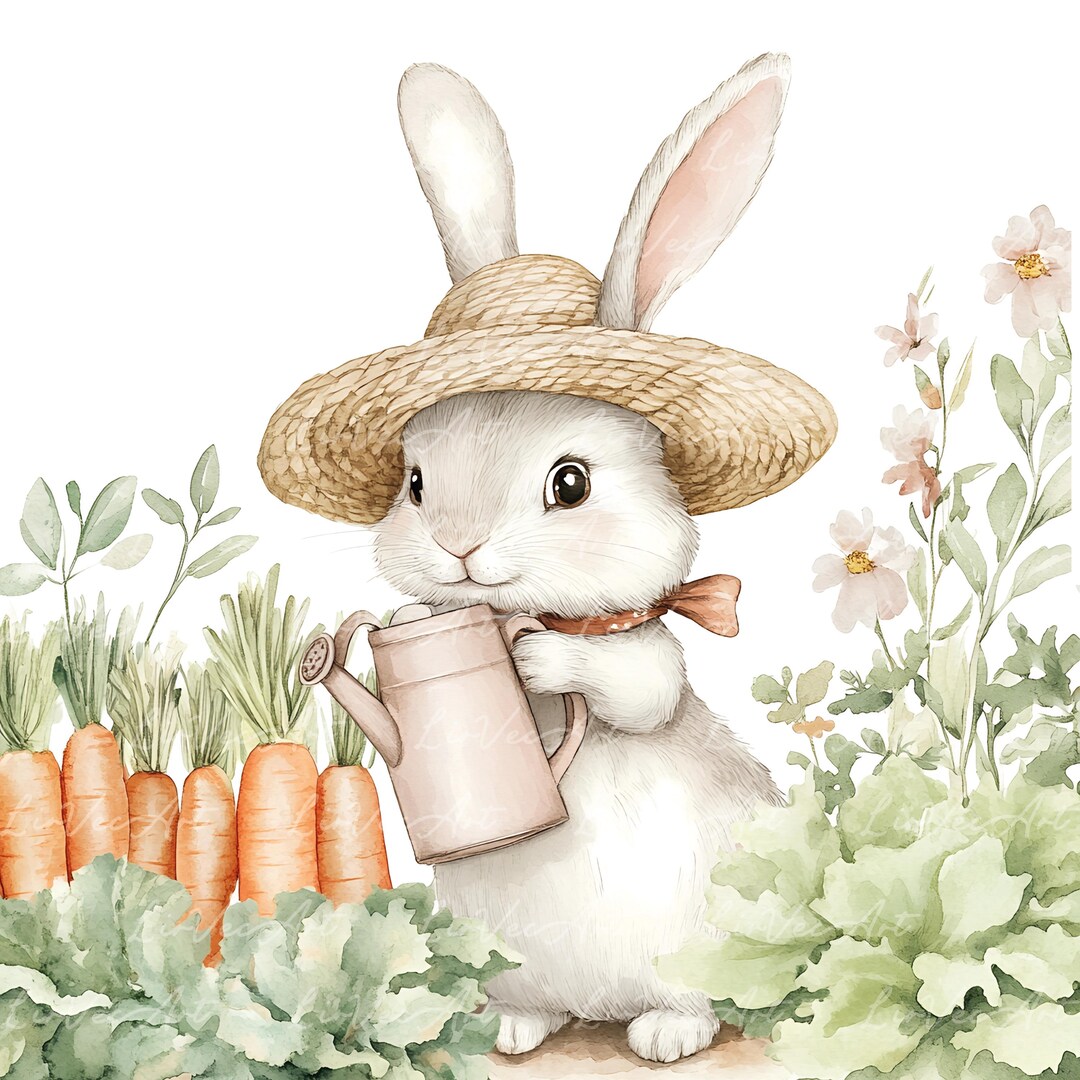 18 Watercolor Gardening Bunnies Clipart - Adorable Spring Rabbits for ...