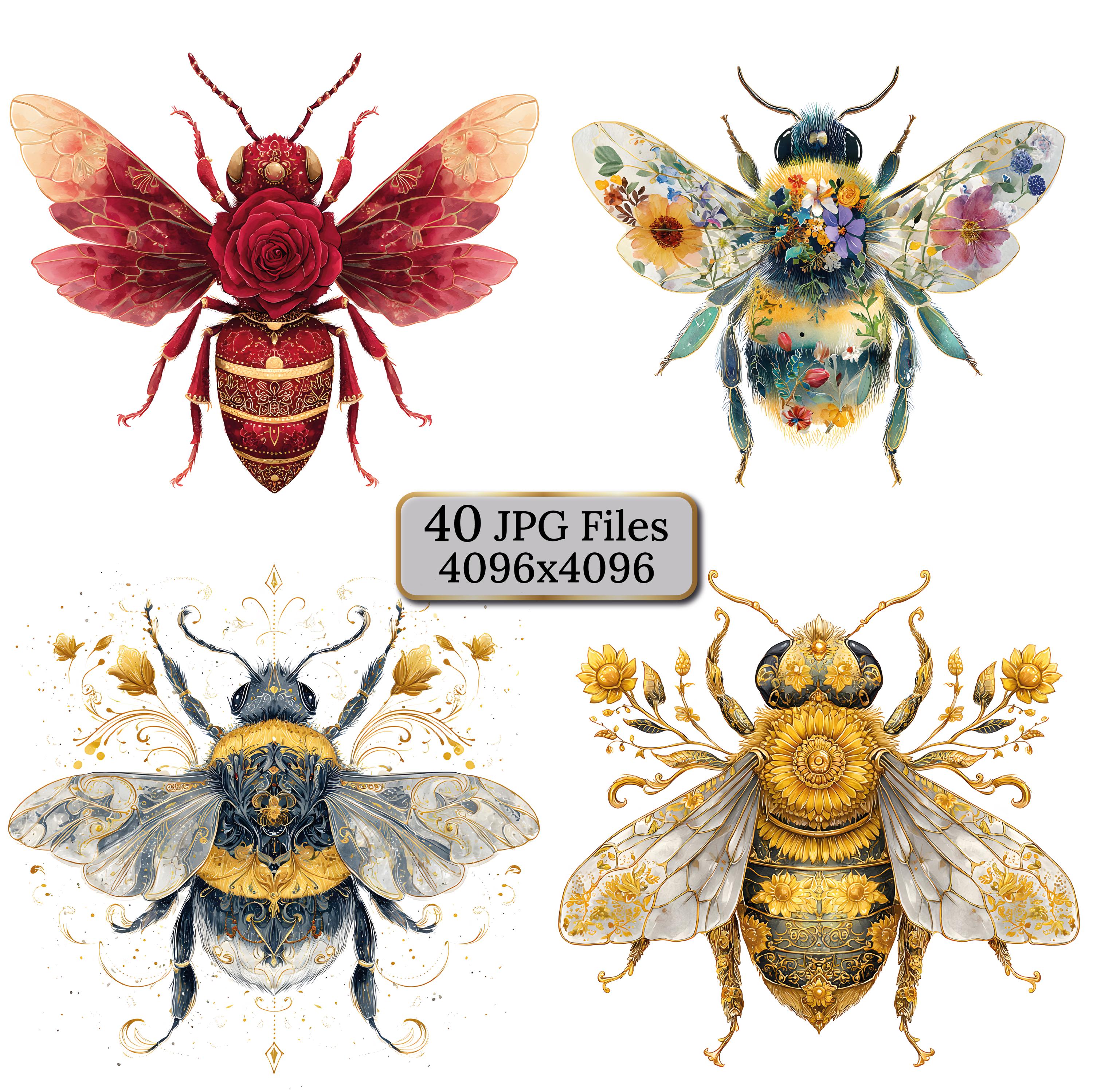 Bee & Bumblebee Clipart – 40 Watercolor Insects With Floral Patterns ...