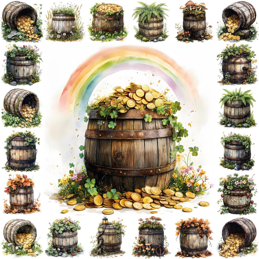 Vintage Watercolor Barrels Clipart – Rustic Mossy Barrels, Clover ...