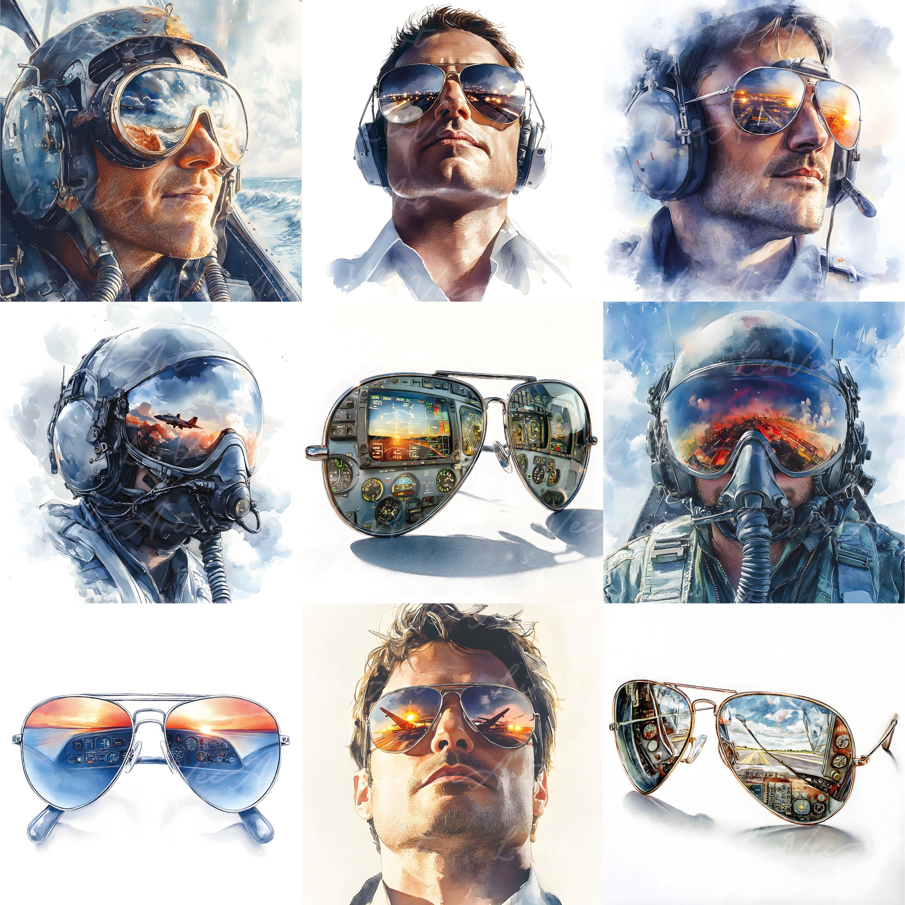Aviator Reflections – 35 Realistic Watercolor Pilot & Sunglasses Art ...