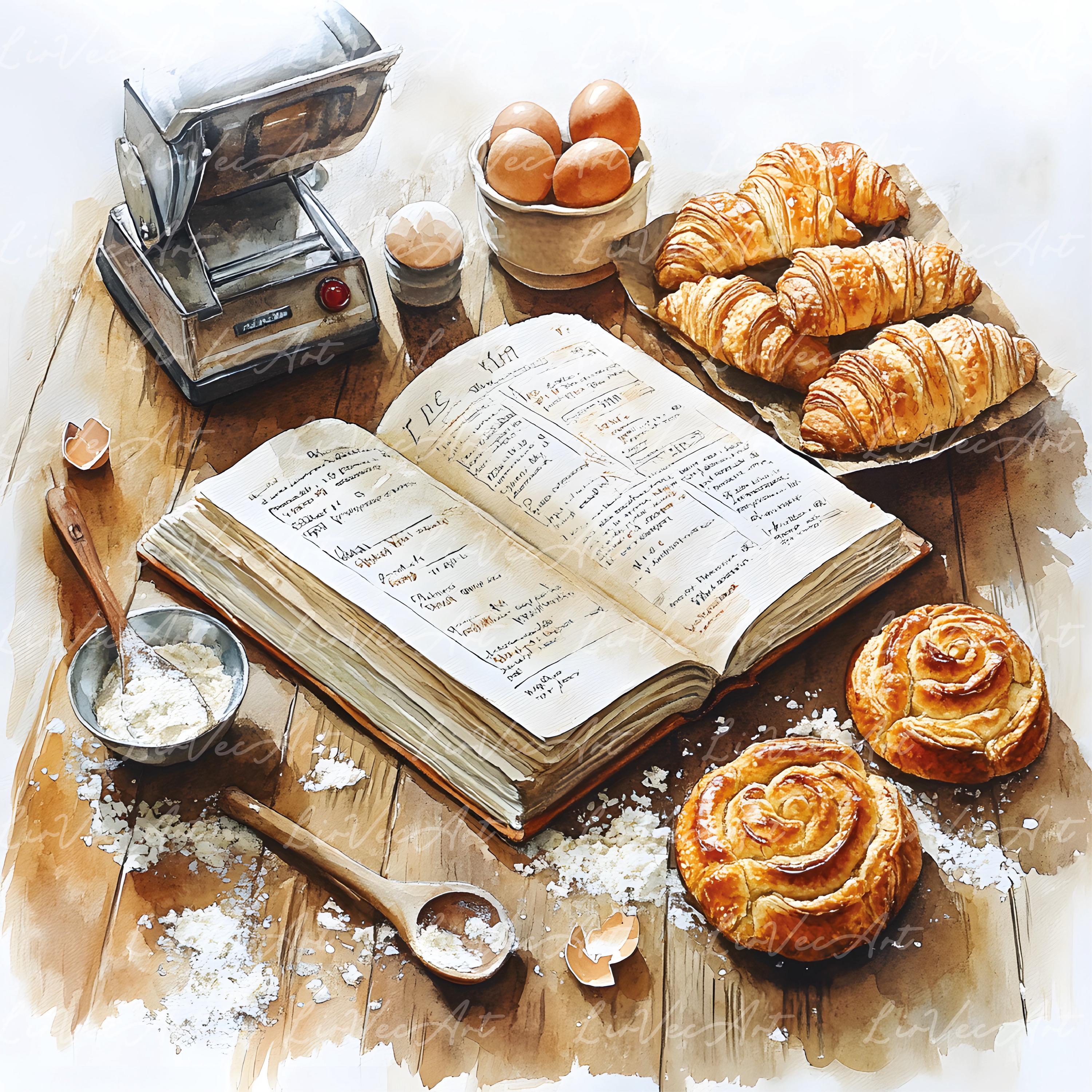 Vintage Watercolor Cookbook Clipart – Rustic Recipe Book Illustrations ...