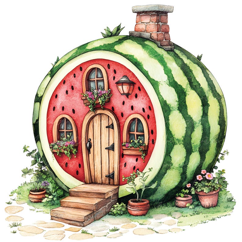 26 Whimsical Fruit & Vegetable House Cliparts – Watercolor Fantasy ...