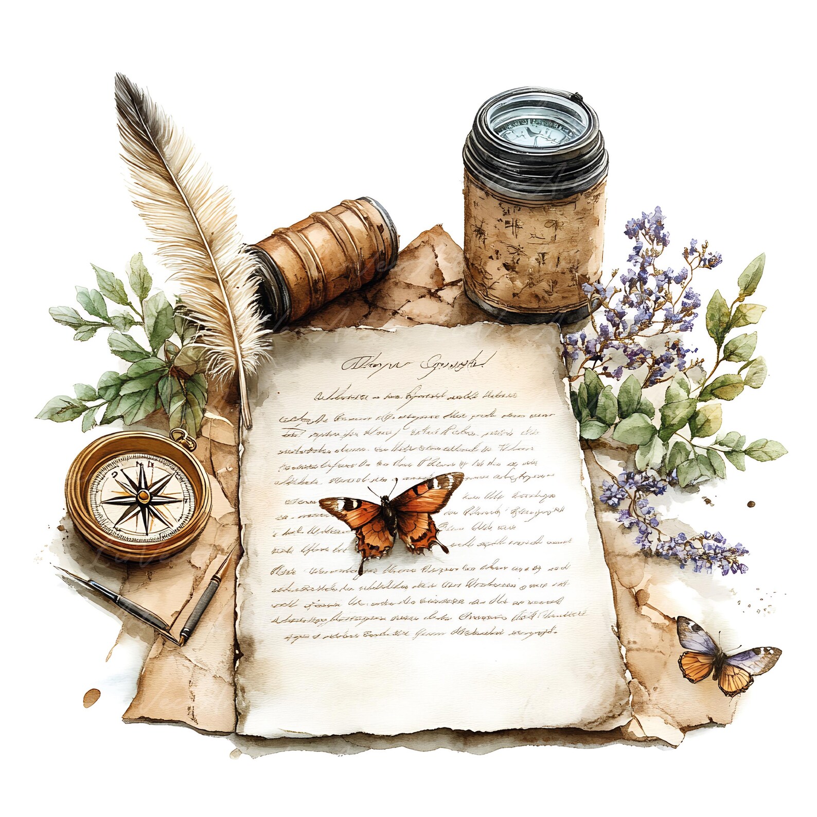 Vintage Writing Clipart Set – 24 Watercolor Illustrations of Aged Paper ...