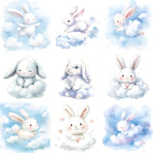 25 Cloud Bunny Clipart, Watercolor Cute Rabbits Made of Clouds and Moon ...