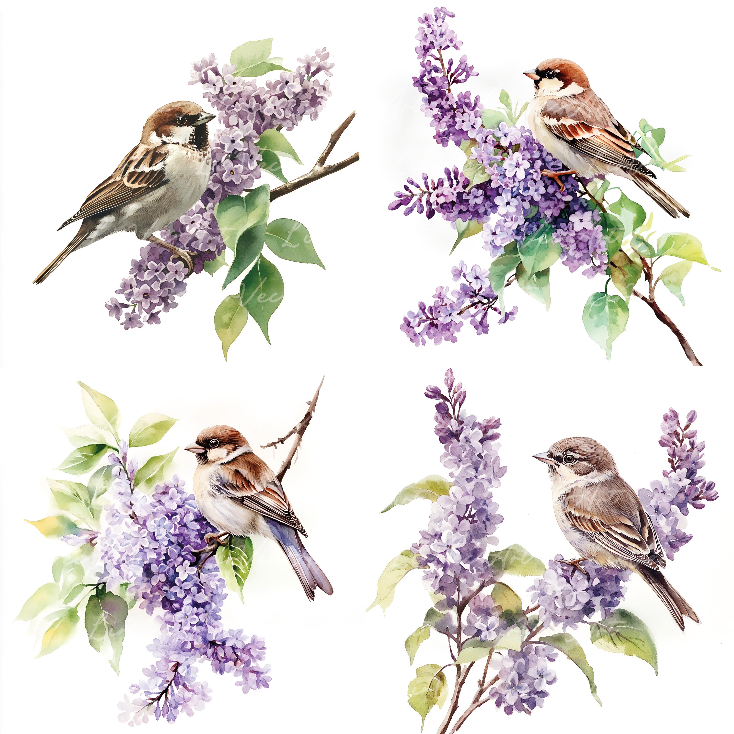 Spring Sparrows – 21 Watercolor Clipart, High-resolution Birds, Spring Clipart, Commercial Use ...